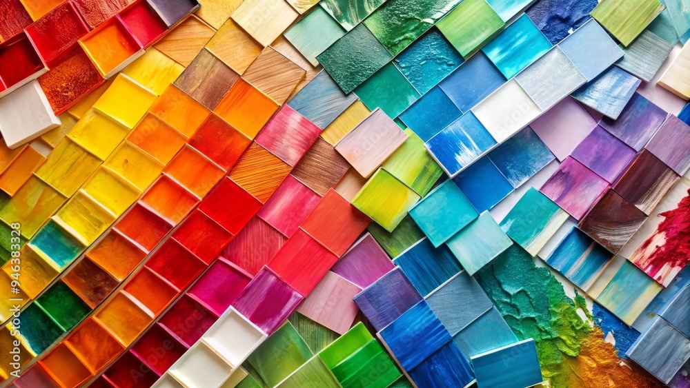 Vibrant swatches of colorful paint strips lay scattered across a white ...