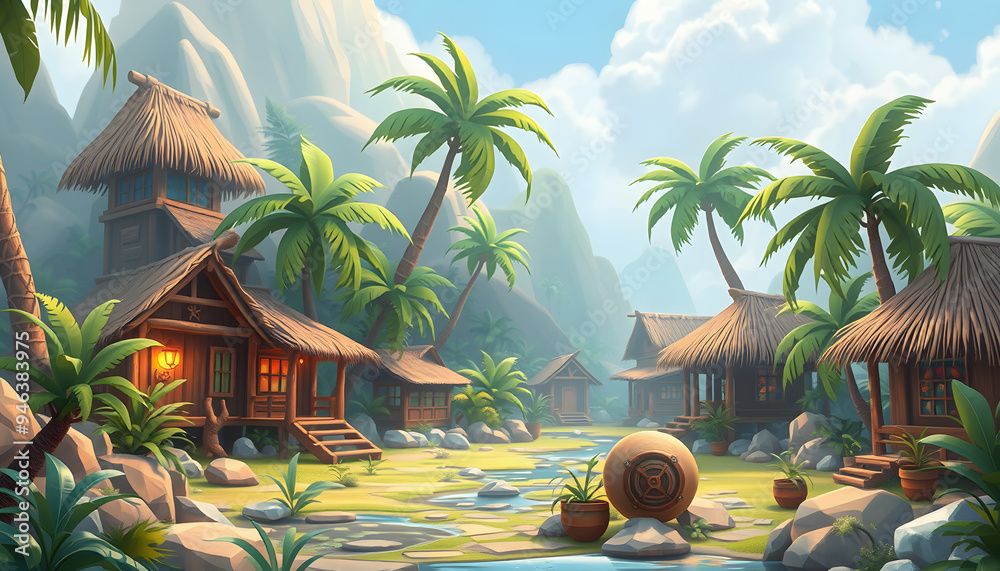 Background environment of hidden treasure hunt in 3D abstract village ...