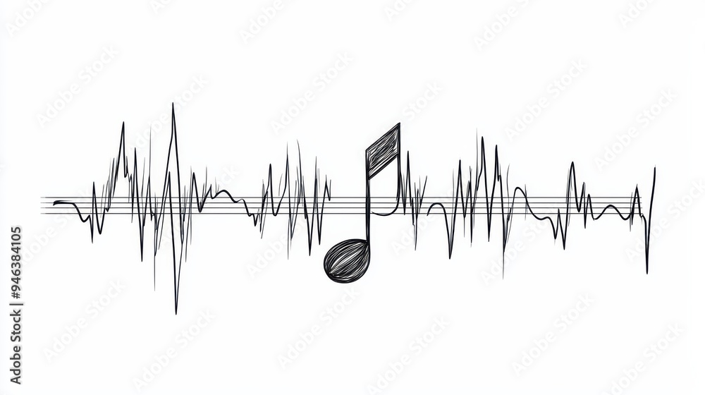 music note in the middle of an ekg rhythm, lineart, black, isolated on ...