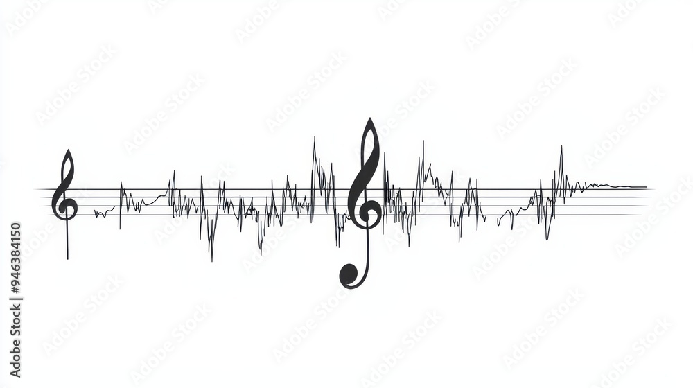 music note in the middle of an ekg rhythm, lineart, black, isolated on ...