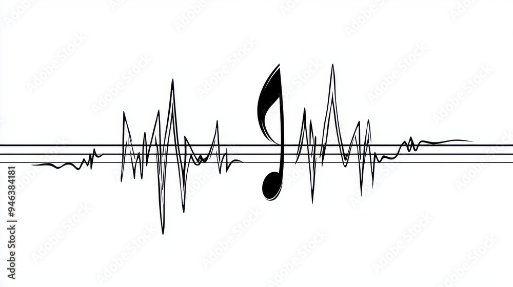 music note in the middle of an ekg rhythm, lineart, black, isolated on ...
