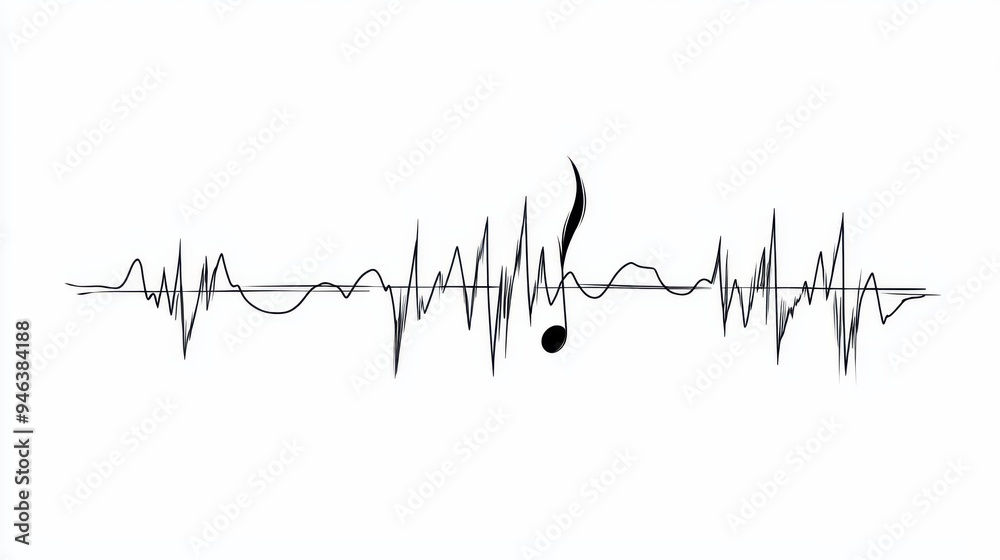 music note in the middle of an ekg rhythm, lineart, black, isolated on ...