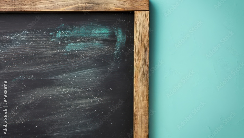 Educational blackboard with wooden edges against a soft teal background ...