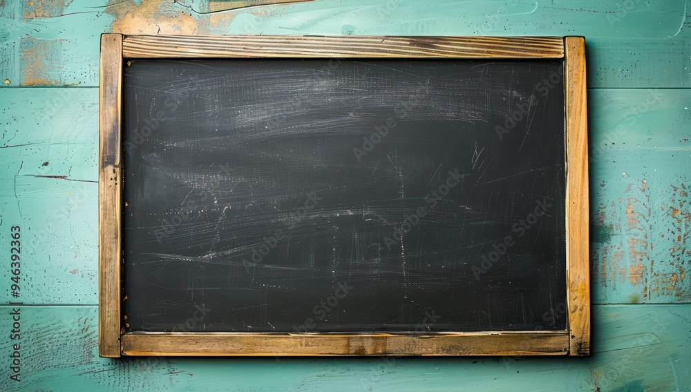 Educational blackboard with wooden edges against a soft teal background ...
