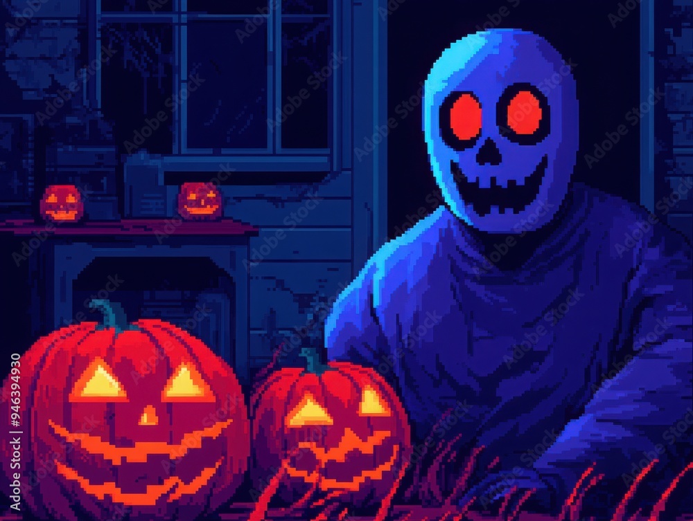 Haunted retro video game character in a pixelated, spooky environment ...
