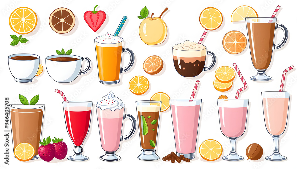 Set of cartoon food: non-alcoholic beverages - tea, herbal tea, hot ...