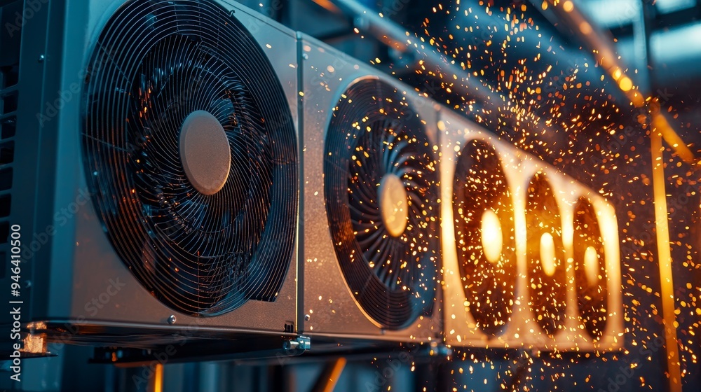 Exterior view of an air-cooled condenser unit in operation, with fans ...