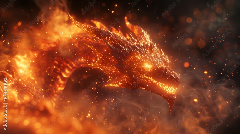 Fearsome mythical dragon emerges dramatically from swirling smoke and ...