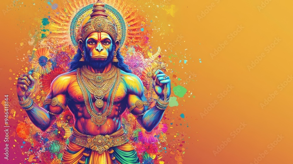 The image of Lord Hanuman, superbly built, muscular, bright, colorful ...