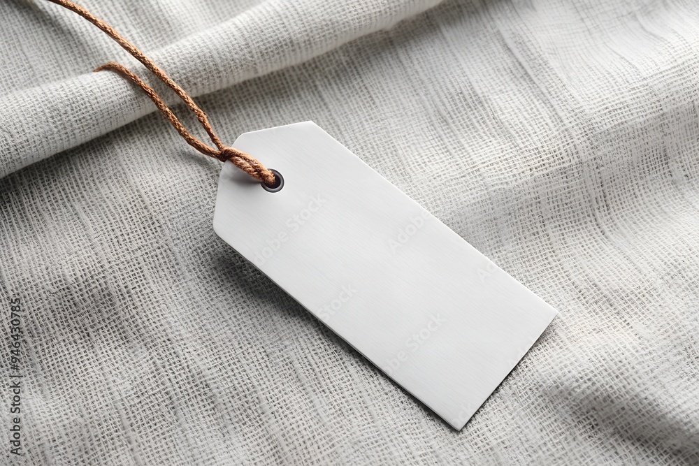 White branding label tag mockup with rope on a textured fabric surface ...