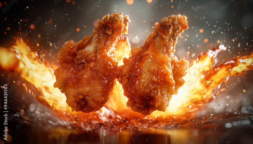 Crispy fried chicken win splashing into oil, creating an explosion of ...