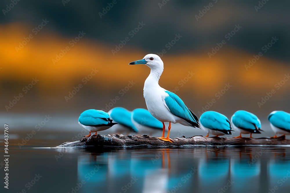 Lake with birds resting on the water, captured in a photo that shows ...