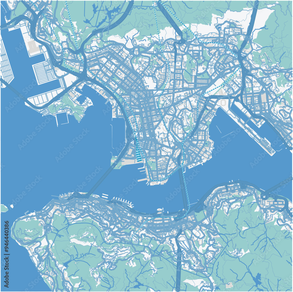 Map of Hong Kong in China in blue. Contains layered vector with roads ...