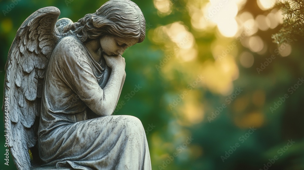 A statue of a grieving angel on a green panoramic background with a ...
