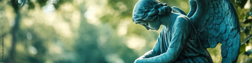 The banner. A statue of a grieving angel on a green panoramic ...