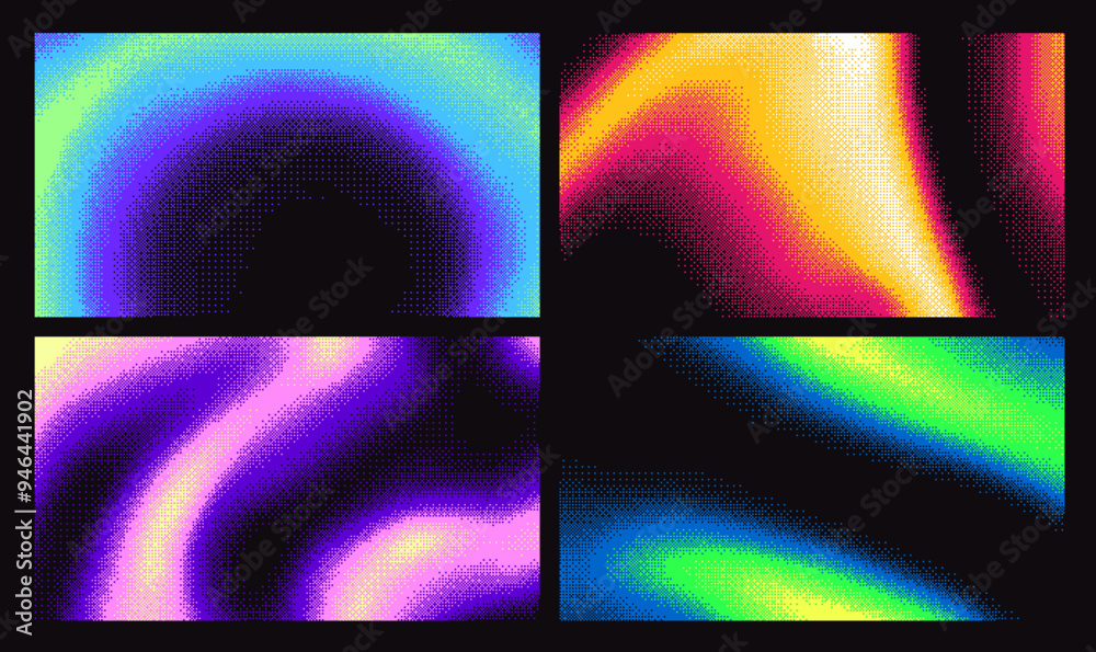 Poster Retro futuristic neon gradient bitmap backgrounds with dithering effect, abstract pixel ...