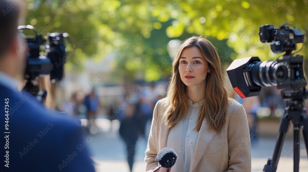 European female news reporter conducting an outdoor interview in a park ...