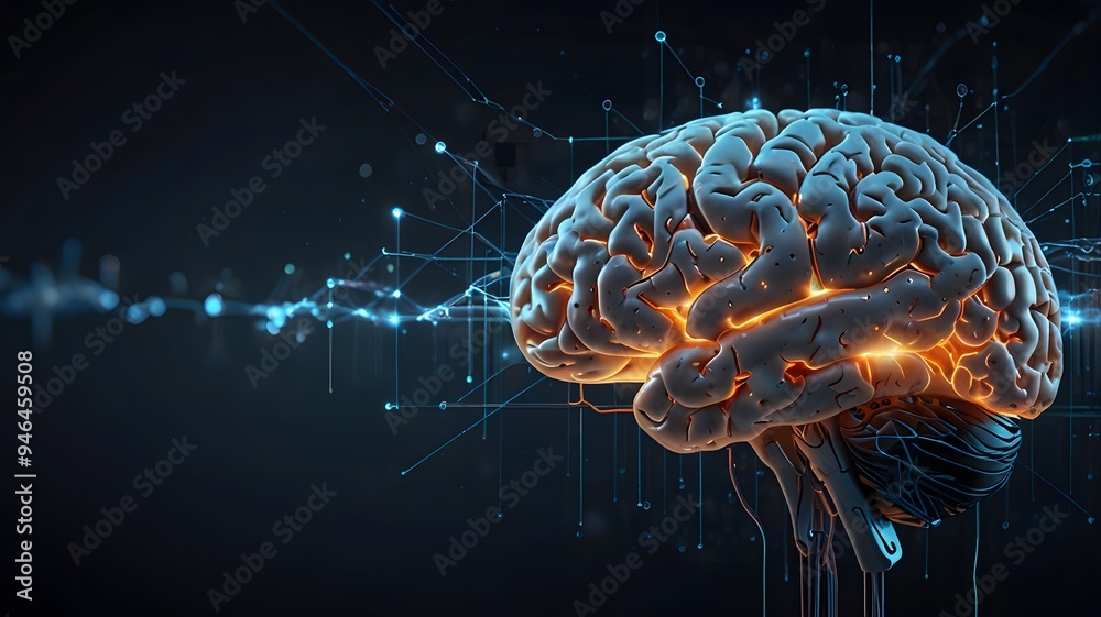 A close-up of a human brain connected to a sleek, futuristic interface ...