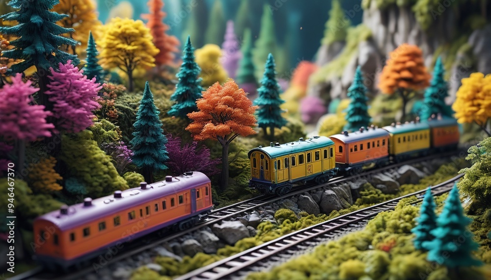 A whimsical miniature train layout featuring fantastical elements like ...