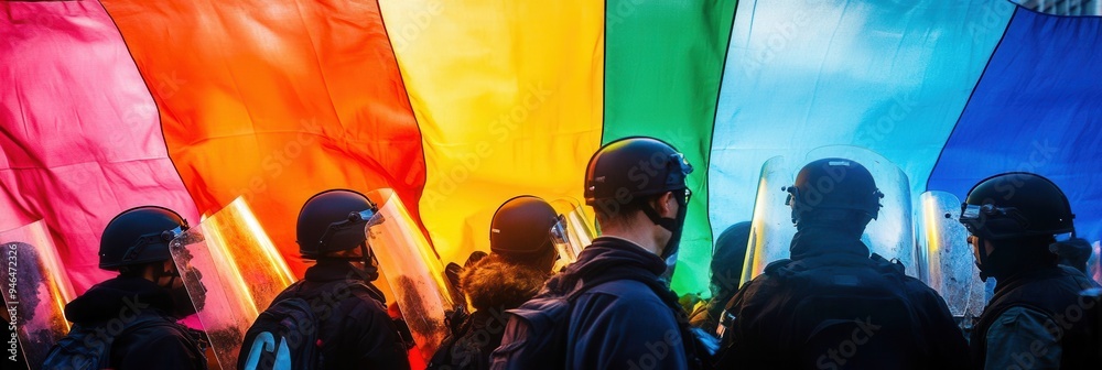 Protesters carrying rainbow flags confront law enforcement officers ...