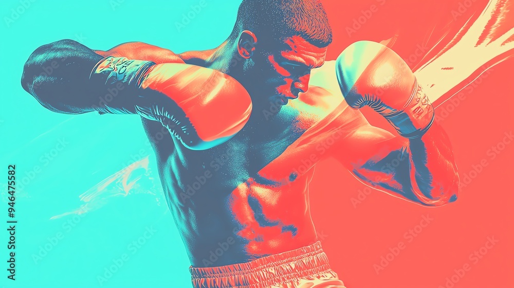Dynamic boxing scene featuring a muscular athlete in vibrant colors ...