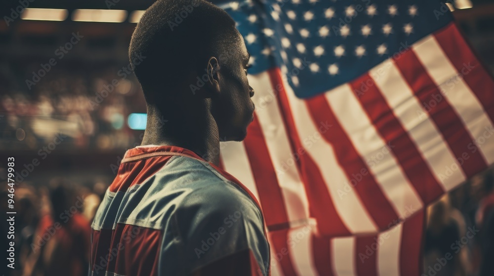 Male athlete proudly displays american flag while standing on stadium ...