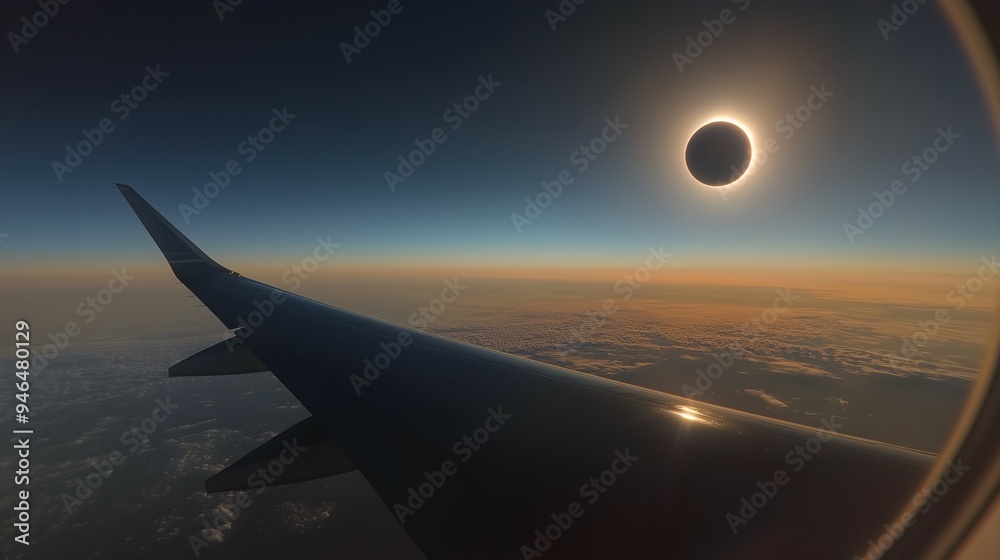 Highly realistic photo from inside an airplane, showing the wing and a ...