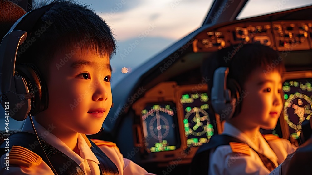 Two young boys dressed as pilots, joyfully exploring an aircraft ...