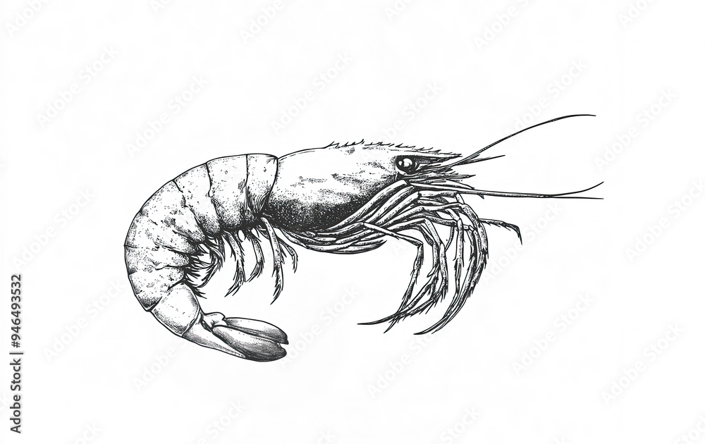 Seafood, shrimp prawn. Vintage retro print, black white seafood shrimp ...