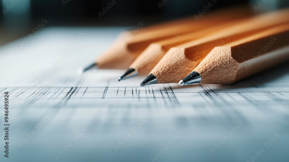 Four wooden pencils with sharpened graphite tips placed on top of a ...