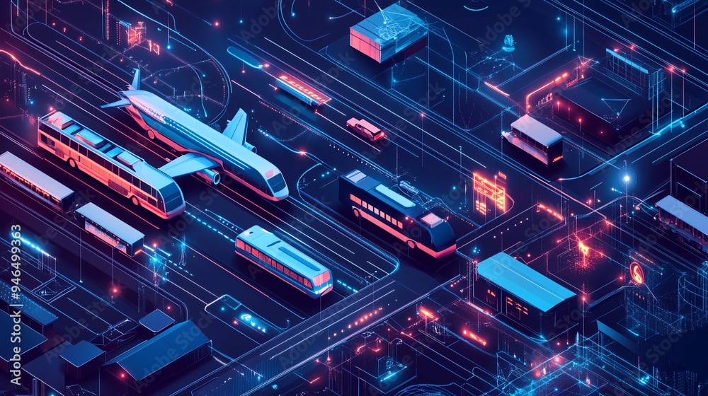 Isometric logistics network with airplanes, buses, and bikes linked ...