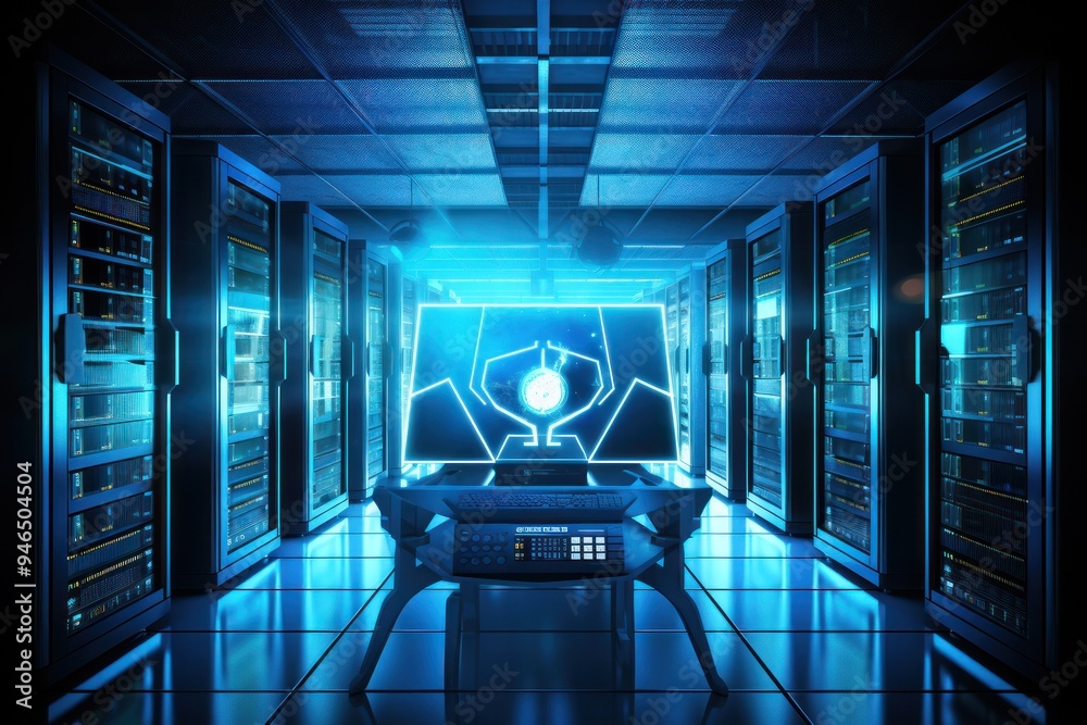 High-tech server room with racks of servers and a prominent security ...