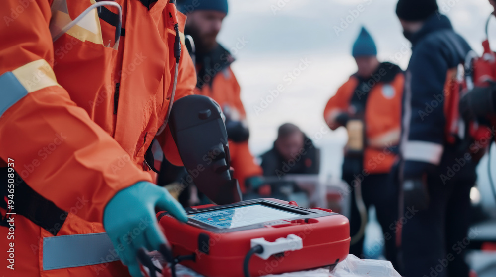Emergency responders assist at the scene, equipped with medical devices ...