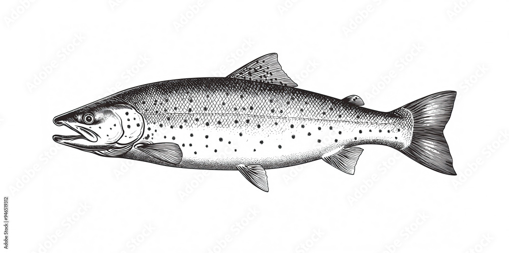 Fish sketch salmon trout. Vintage retro print, black white salmon trout ...