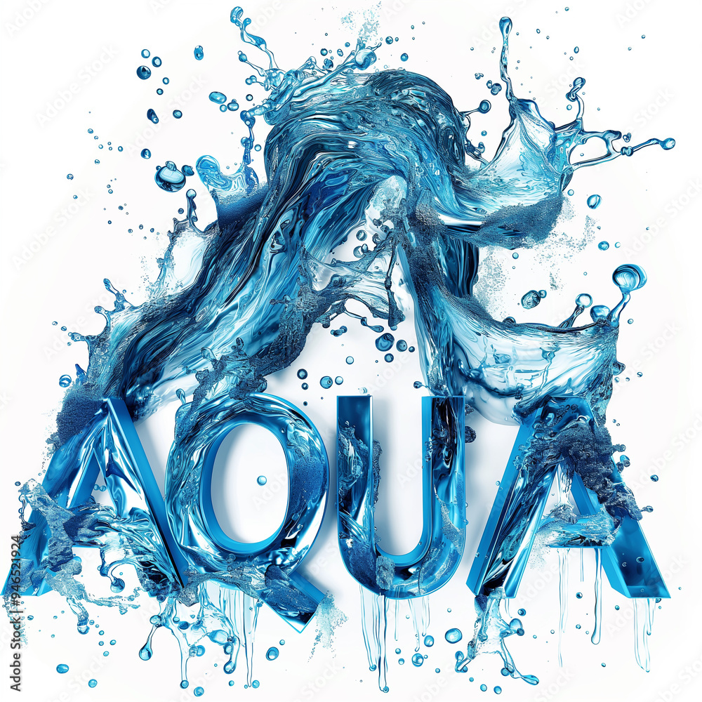 3D render text "AQUA" logo, crafted in a liquid like font that mimics ...
