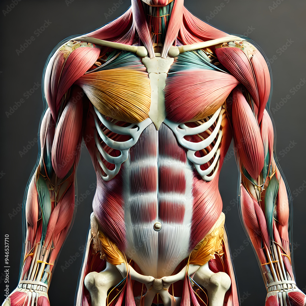 3D anatomical showing major muscle groups of the human body, including ...