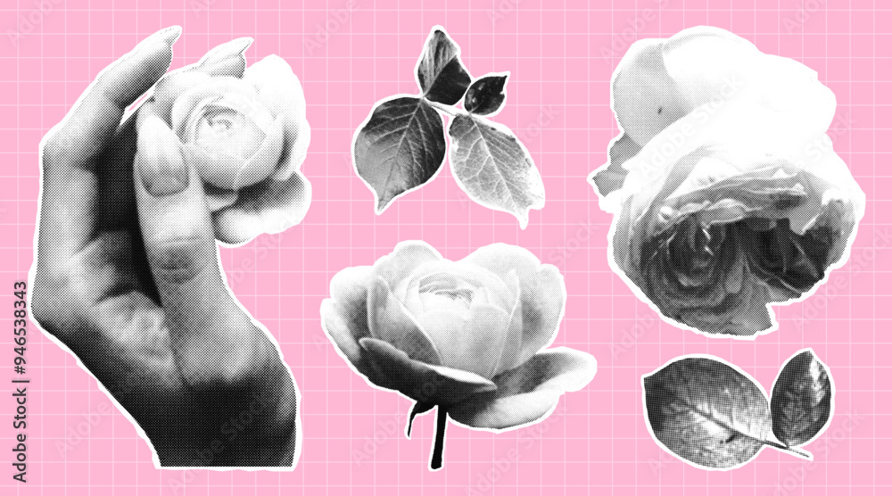 Halftone roses, a hand with a rose, and leaves. Modern floral design in ...