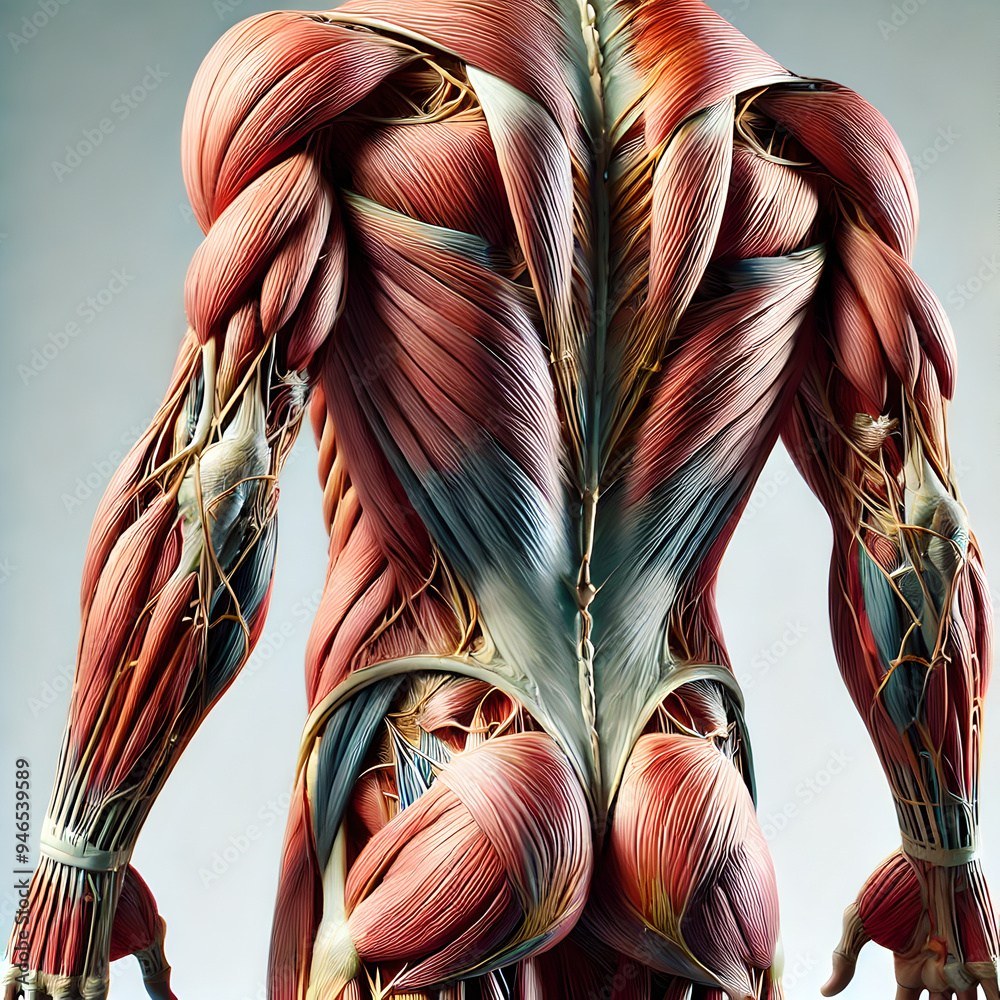 3D anatomical showing major muscle groups of the human body, including ...
