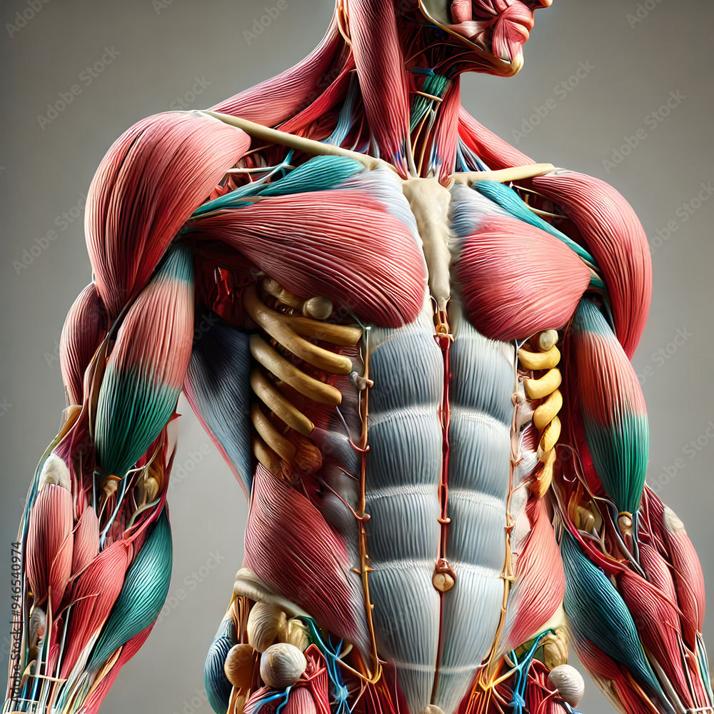 3D anatomical showing major muscle groups of the human body, including ...