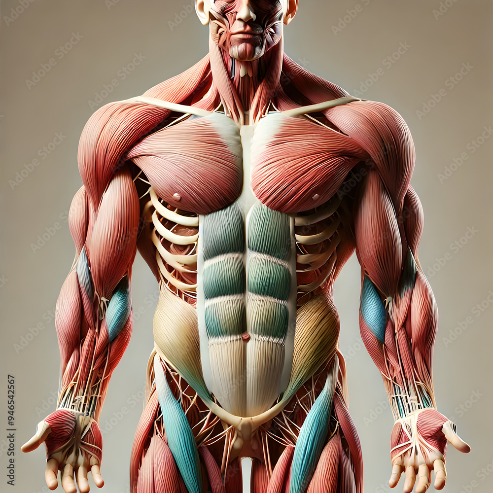 3D anatomical showing major muscle groups of the human body, including ...