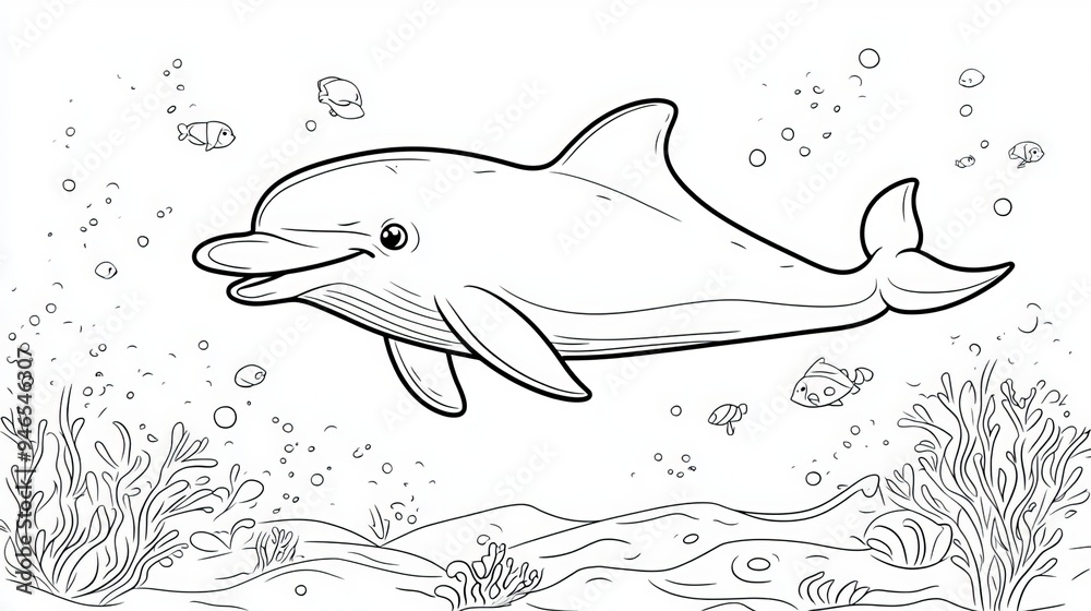 Cute dolphin outline with background coloring page for kids. Funny ...