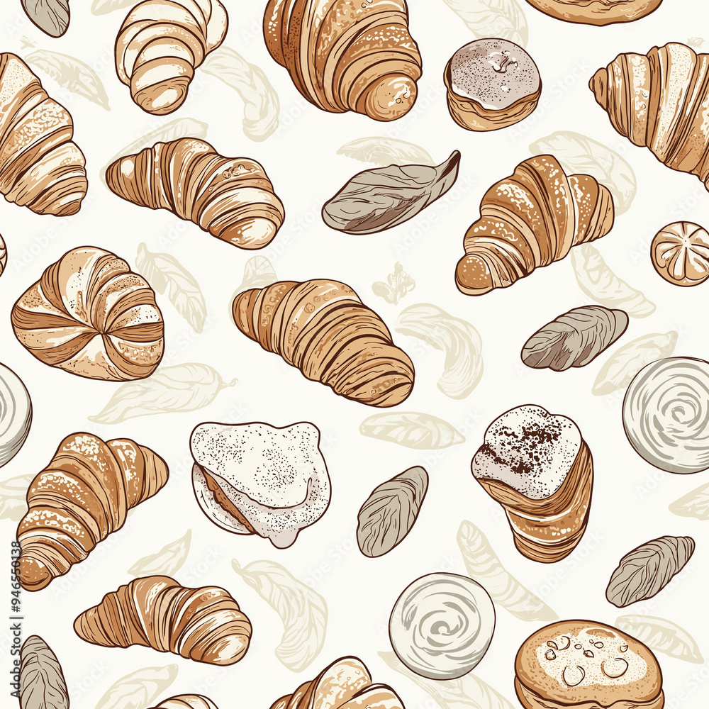 Bakery themed seamless background with croissants and other pasteries ...