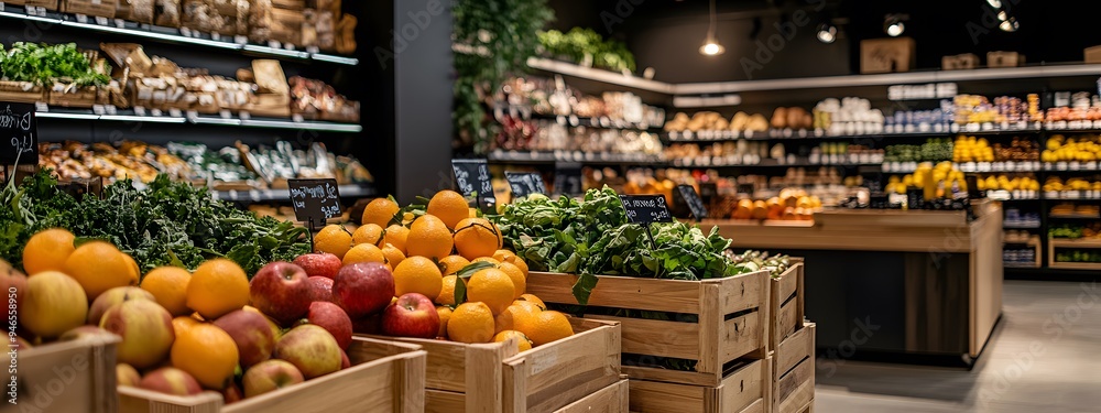 Fruit and vegetable display in organic grocery store with wooden boxes ...