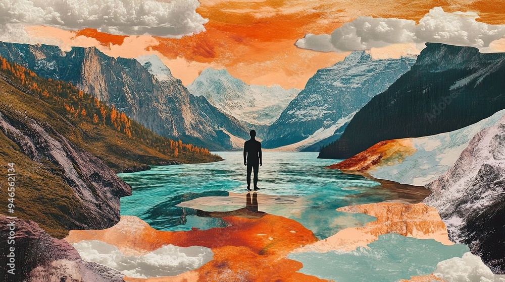 Collage art merging serene natural landscapes with dynamic human ...