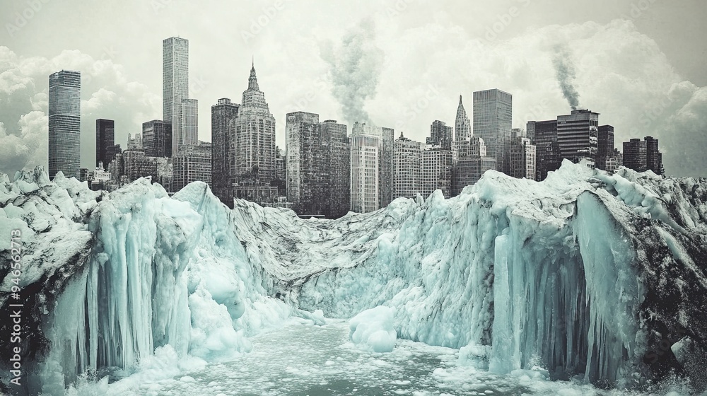 Collage art depicting melting glaciers intertwining with polluted ...