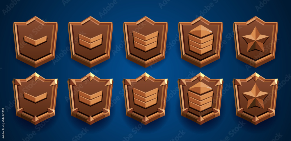 Level rank woody badges collection. Military patent, spikes, stars, 3d ...
