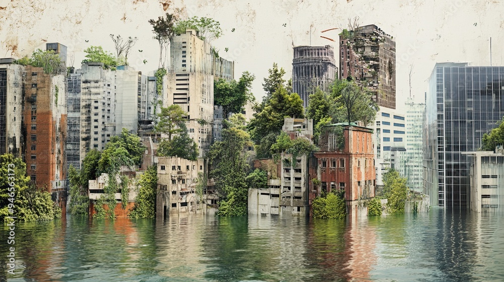 Collage art merging flood-damaged cities with resilient green spaces to ...