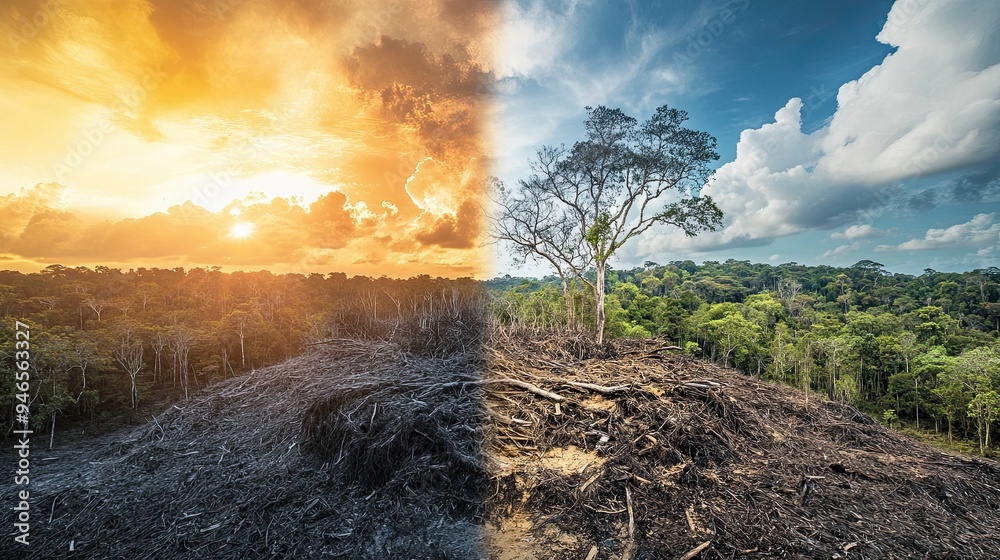 Collage of deforestation and rising temperatures illustrating how ...