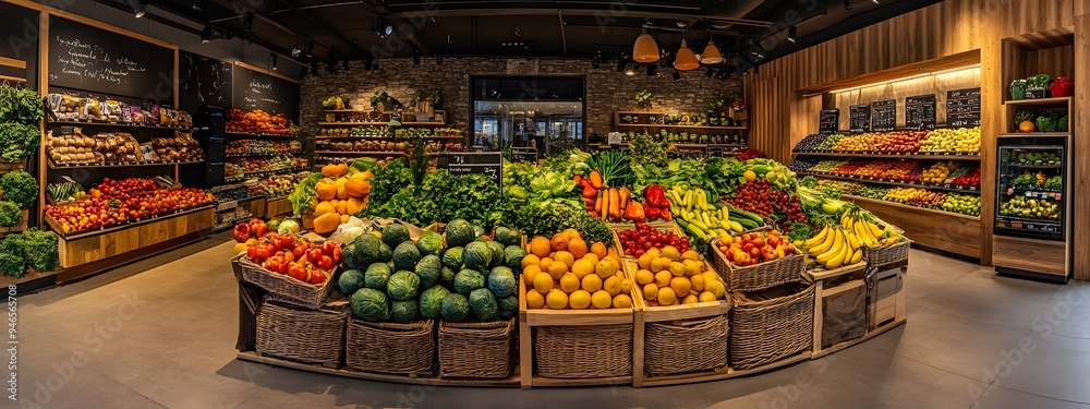 Fruit and vegetable display in organic grocery store with wooden boxes ...