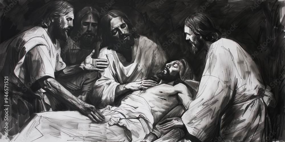 An expressive charcoal drawing of Jesus healing the sick, using ...